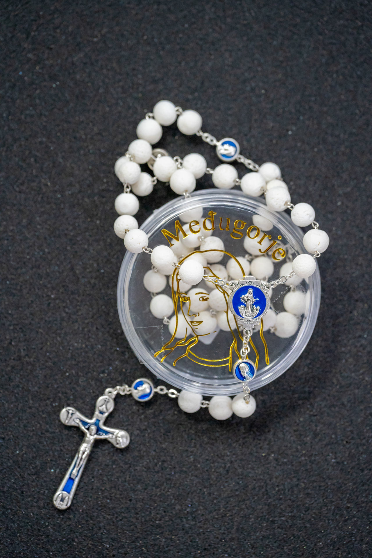 Round stone beads rosary in a box | Official Parish Medjugorje Webshop